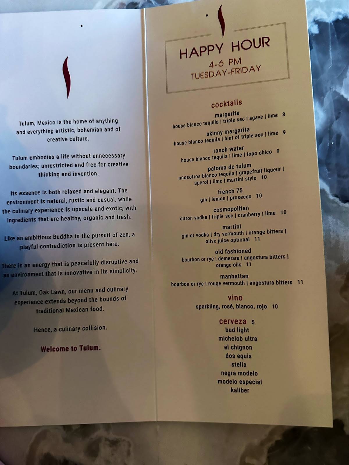 Menu at Tulum restaurant, Dallas