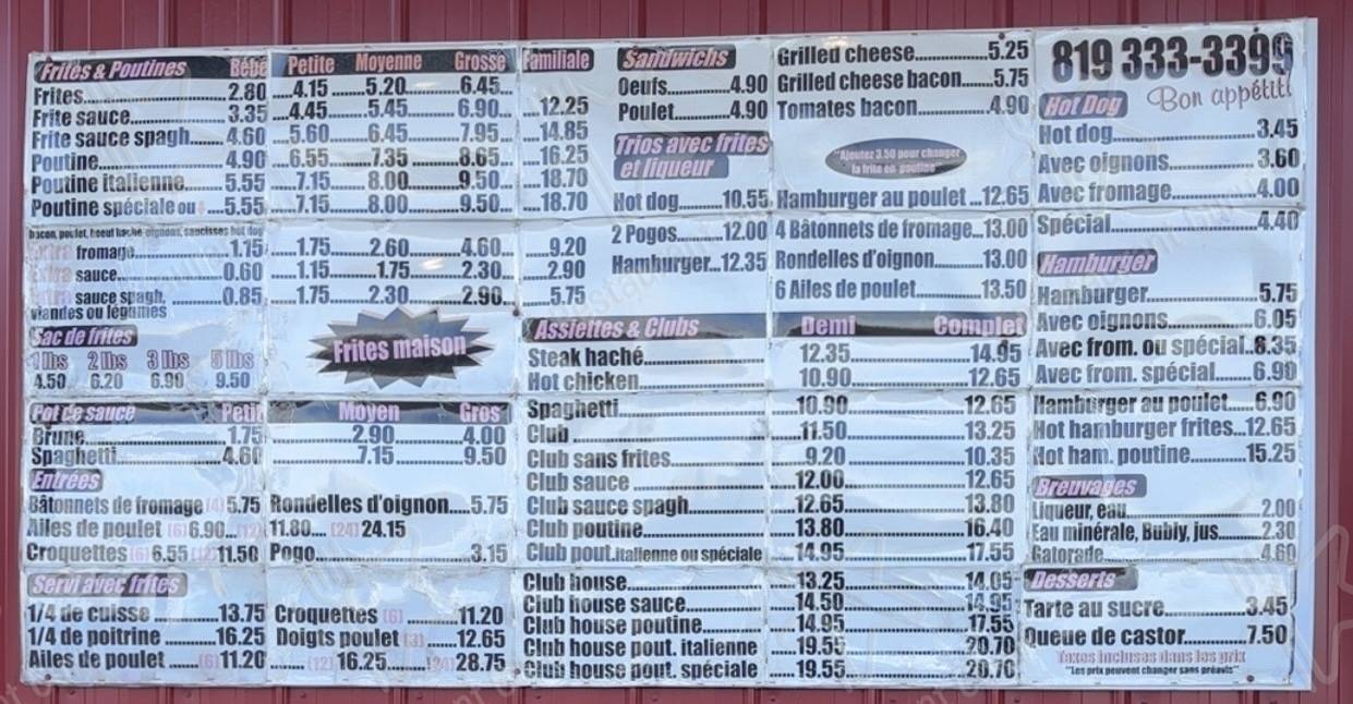 Menu au Chez Mario restaurant, La Sarre