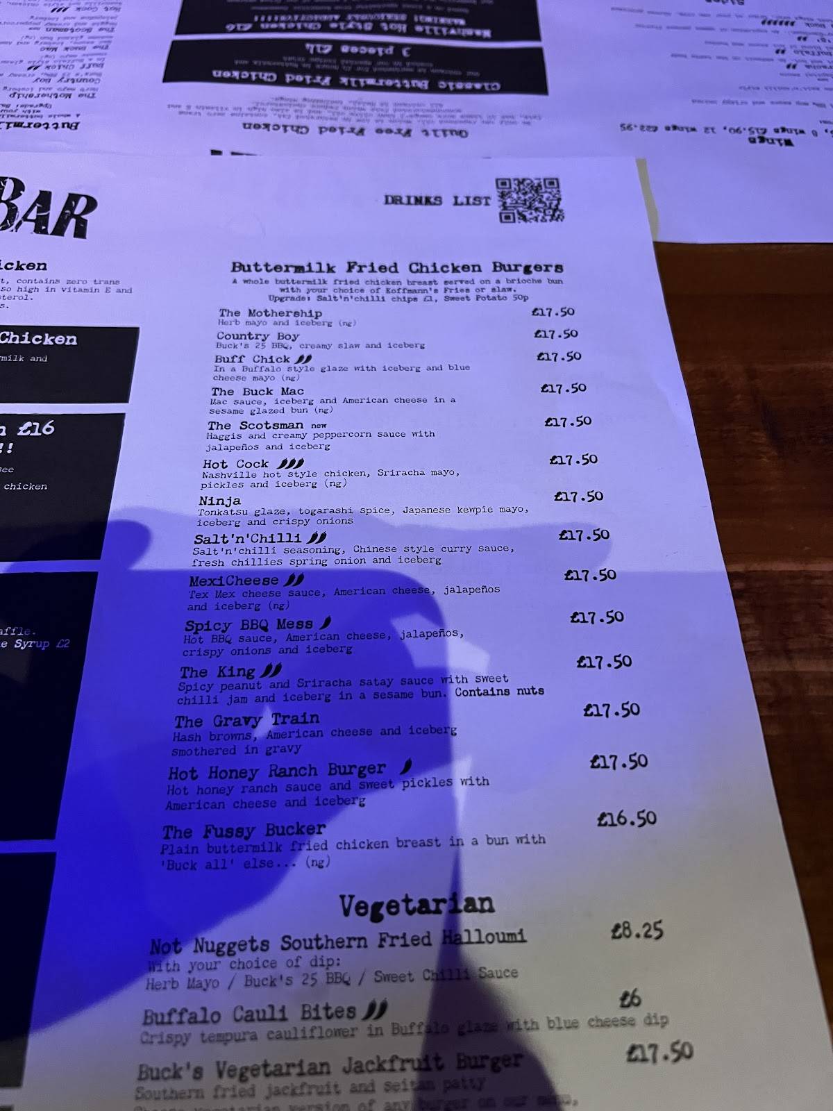 Menu at Buck's Bar, Glasgow