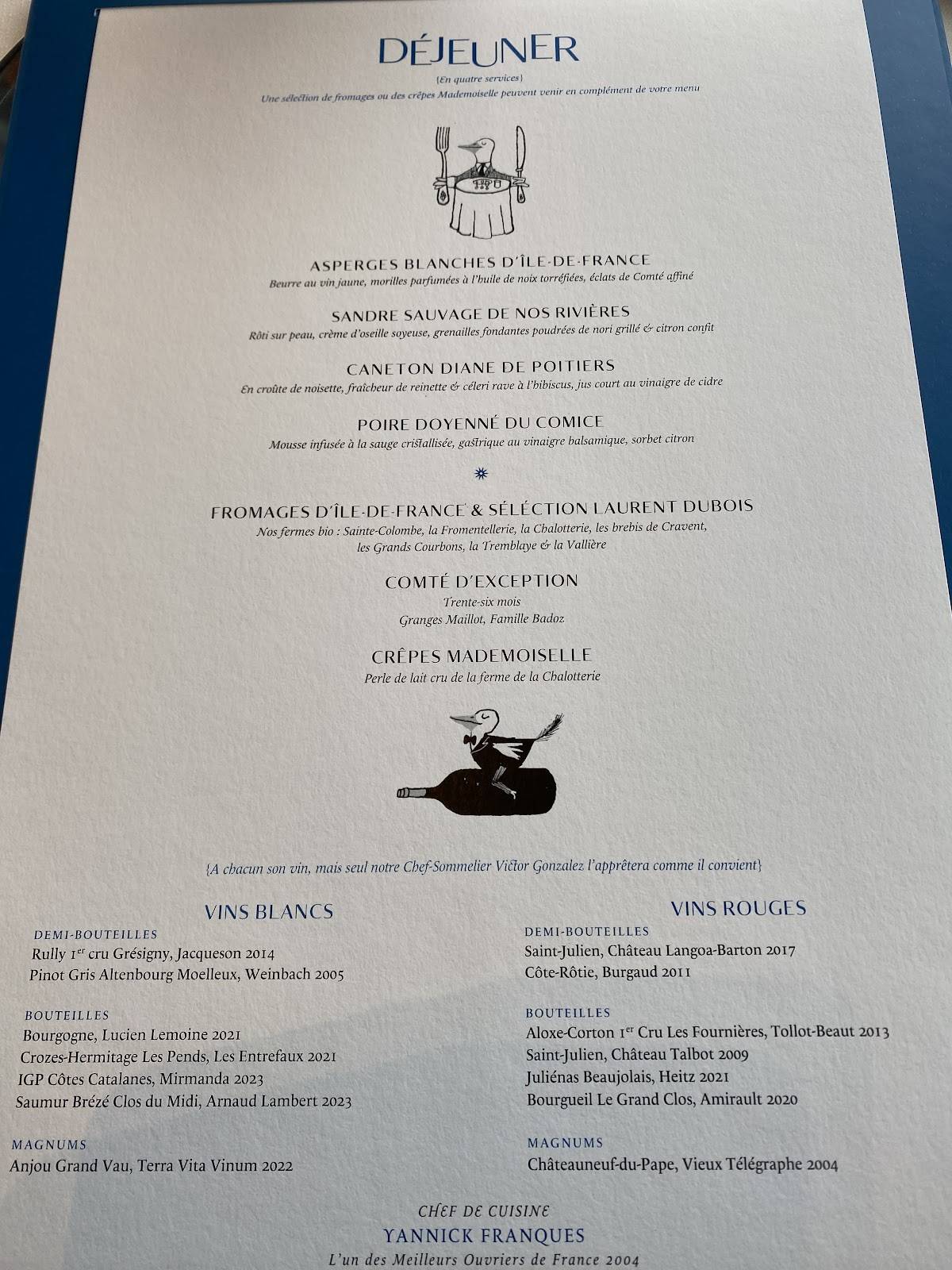 Menu at La Tour d'Argent restaurant, Paris, 15 Quai de la Tournelle
