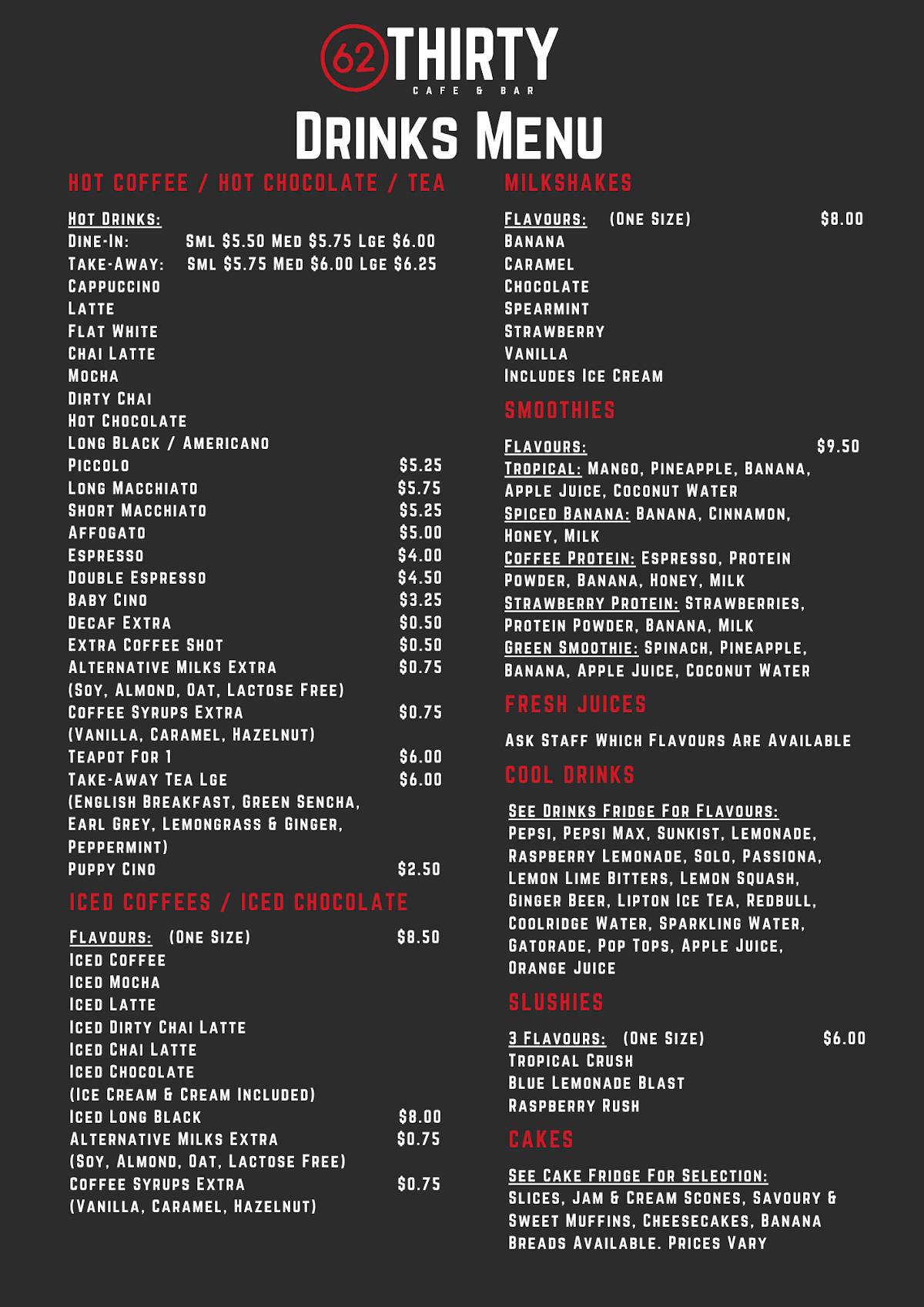 Menu at 62Thirty Cafe & Bar, Bunbury