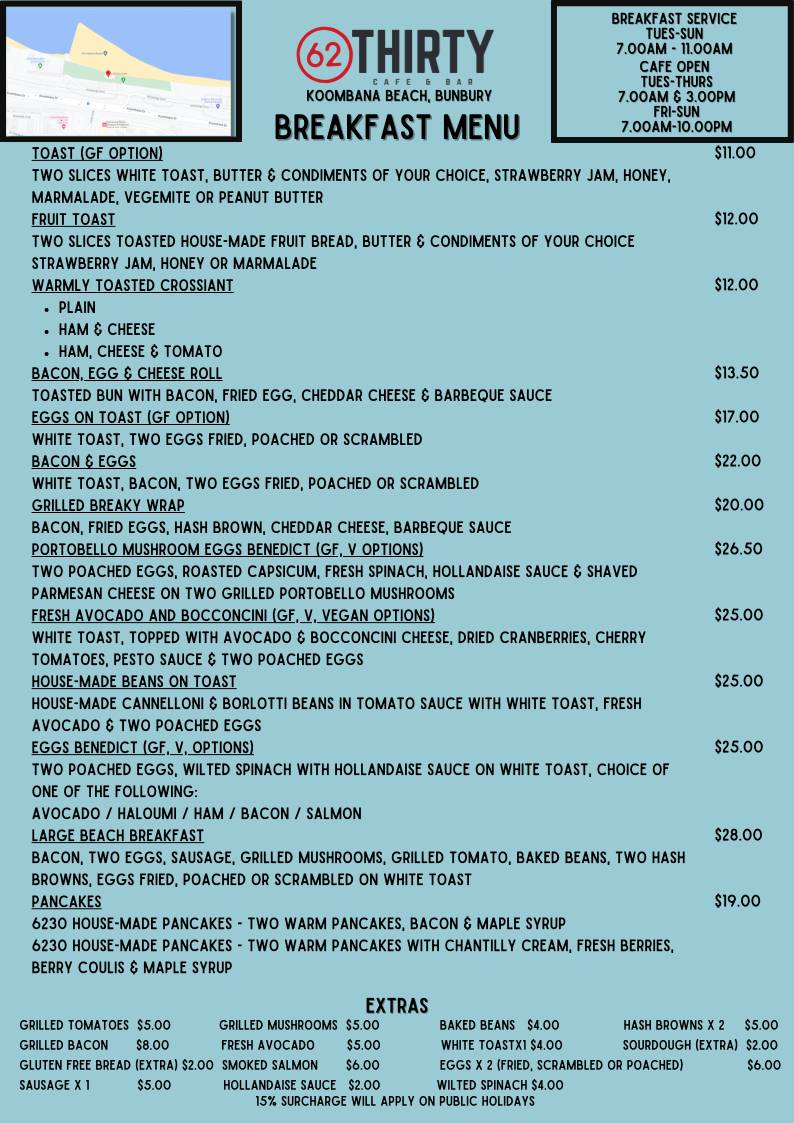 Menu at 62Thirty Cafe & Bar, Bunbury