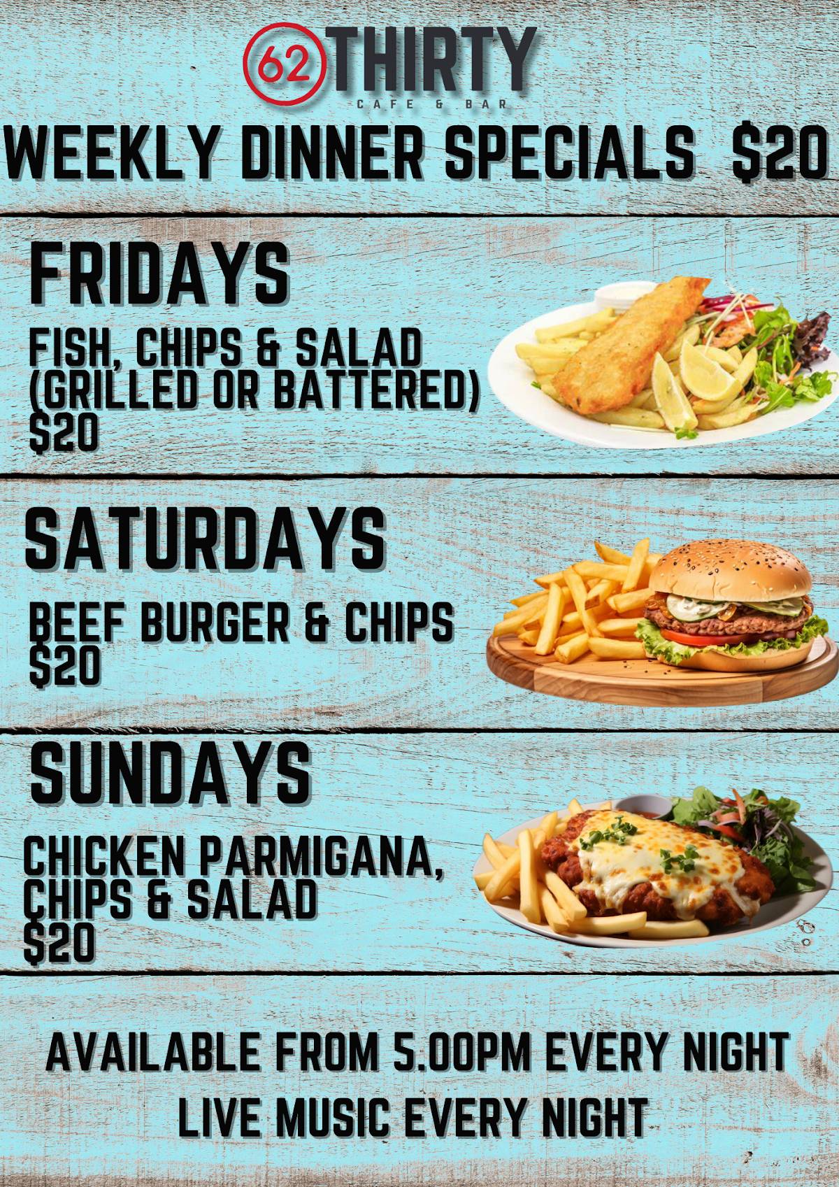 Menu at 62Thirty Cafe & Bar, Bunbury
